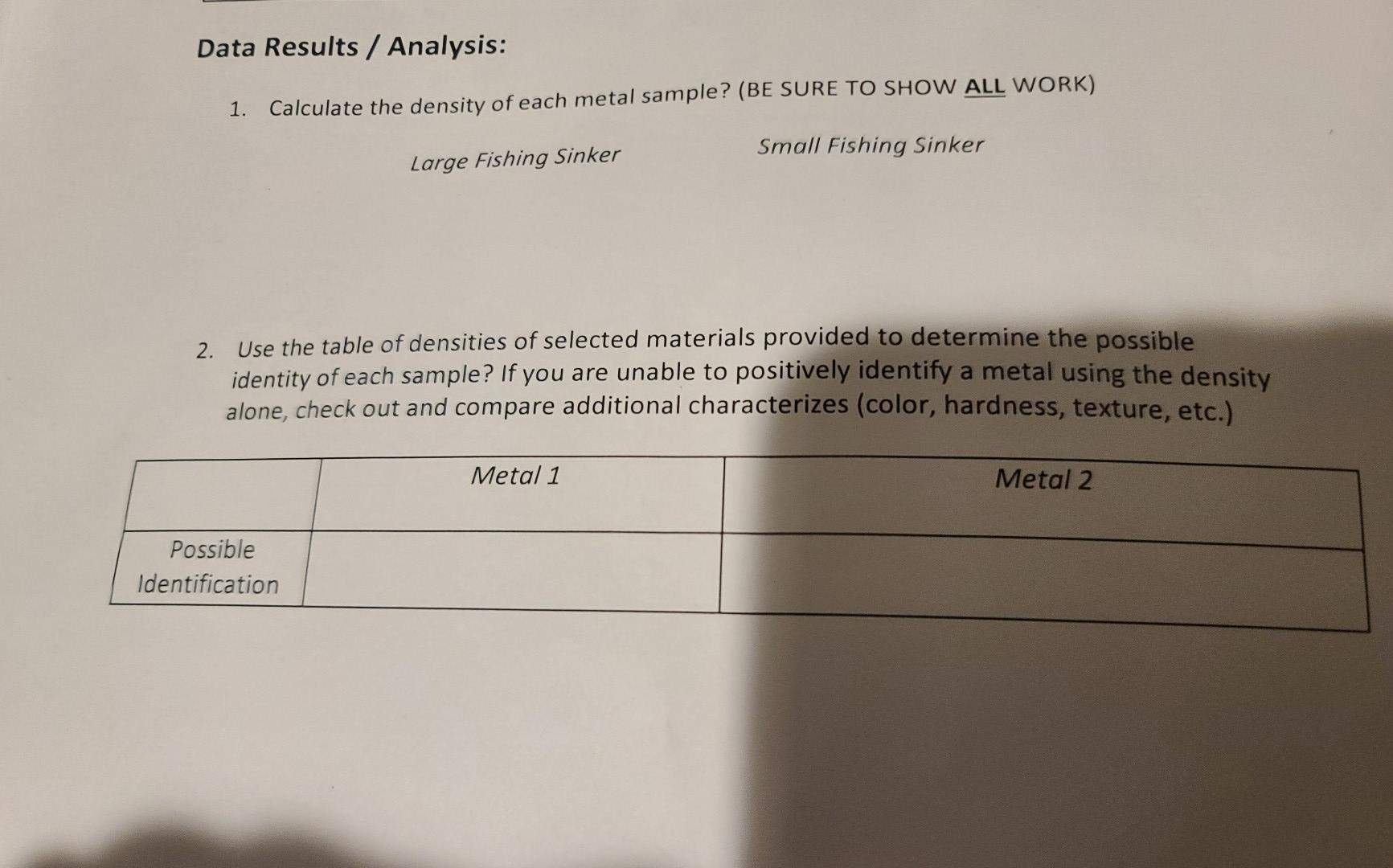 Solved Data Results / Analysis: 1. Calculate the density of | Chegg.com