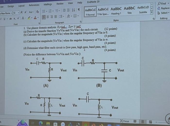 Solved 1. Use phasor domain analysis. Zt ioL: Zcc1/j⊙C (a) | Chegg.com