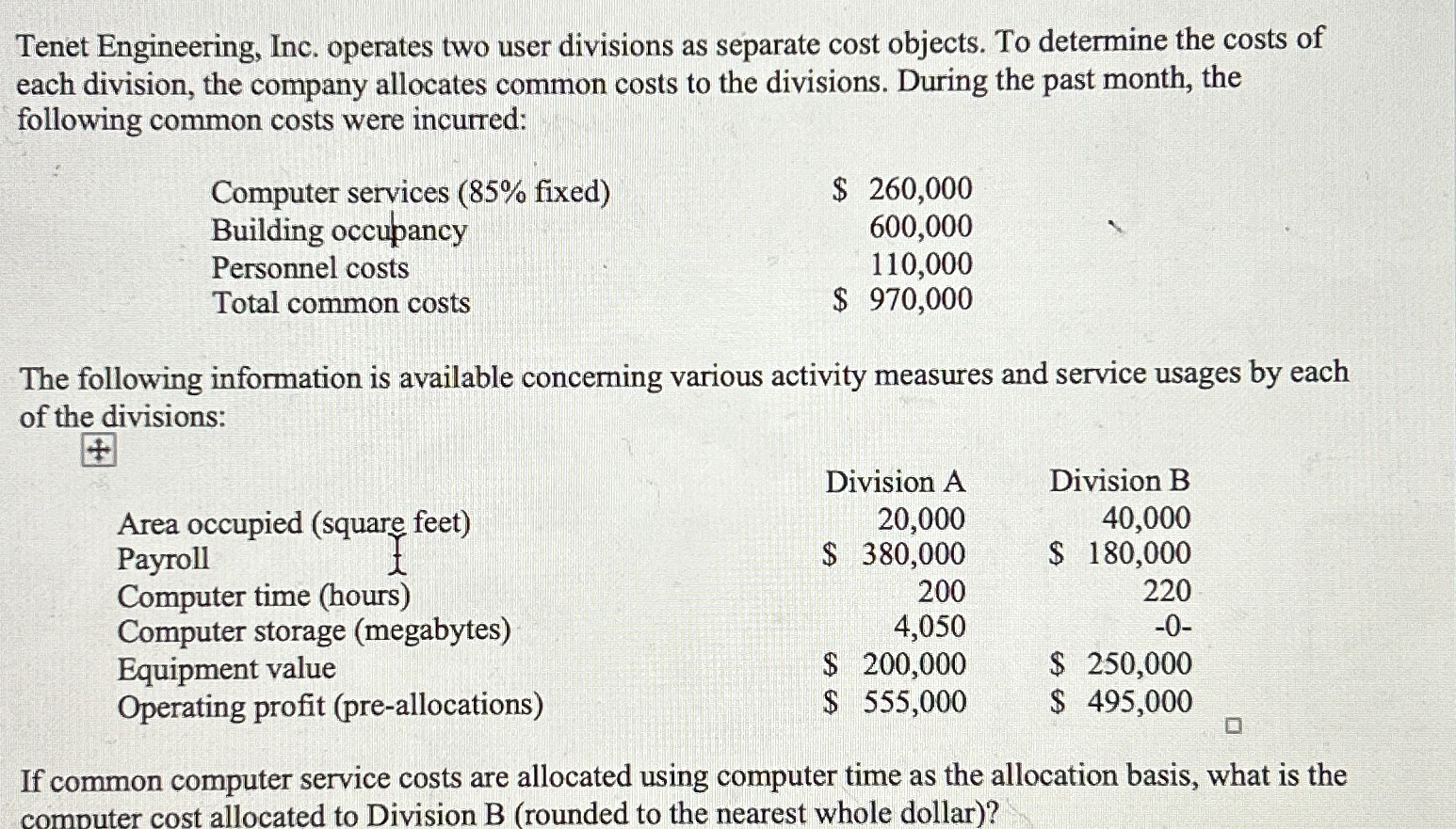 Solved Tenet Engineering, Inc. operates two user divisions | Chegg.com