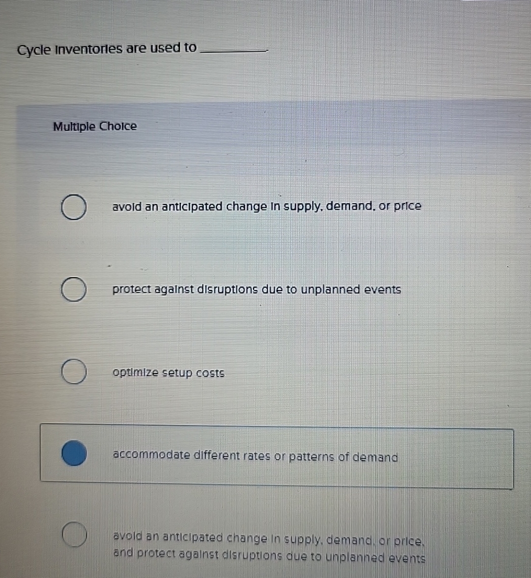 Solved Cycle inventorles are used to q,Multiple Choiceavold | Chegg.com