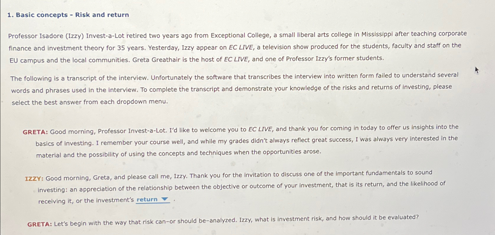 Solved Basic concepts - ﻿Risk and returnProfessor Isadore | Chegg.com