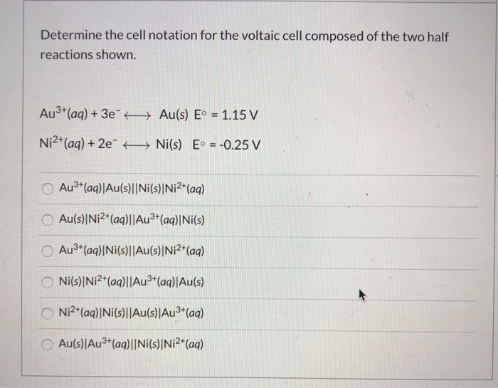 Solved Determine the cell notation for the voltaic cell | Chegg.com