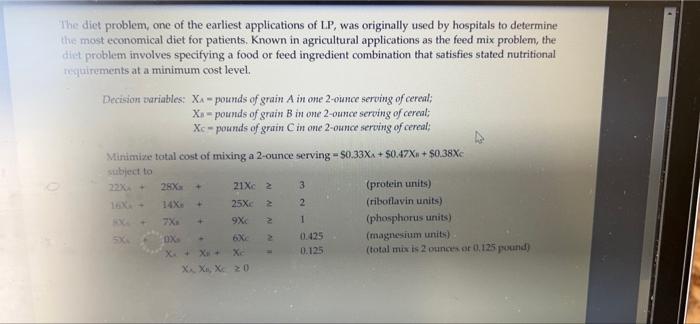 Solved The diet problem, one of the earliest applications of | Chegg.com