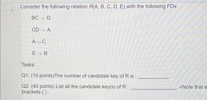 Solved Consider the following relation R(A,B,C,D,E) with the | Chegg.com