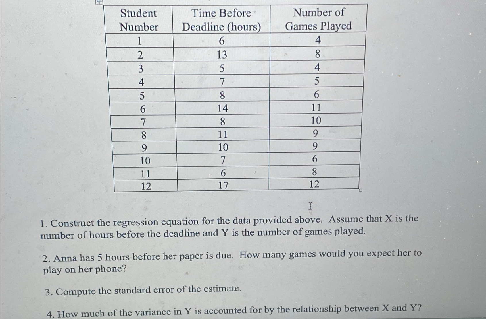 Solved \table[[\table[[Student],[Number]],\table[[Time | Chegg.com