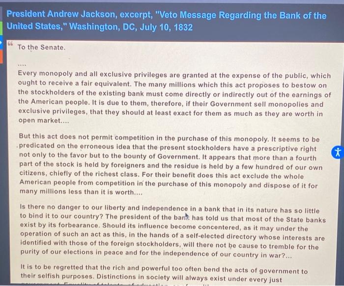President Andrew Jackson, excerpt, "Veto Message | Chegg.com