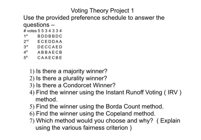 Solved Voting Theory Project 1 Use the provided preference | Chegg.com