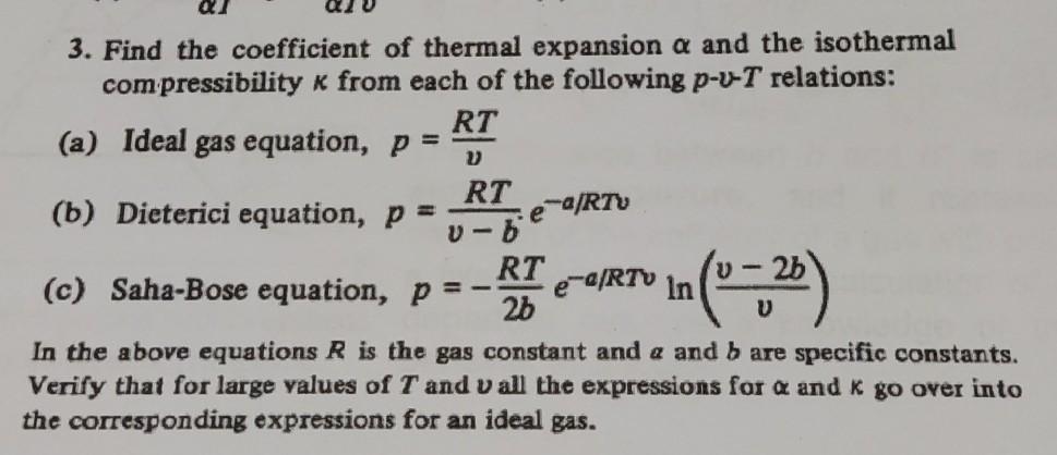 Solved υ e/RTV 3. Find the coefficient of thermal expansion | Chegg.com