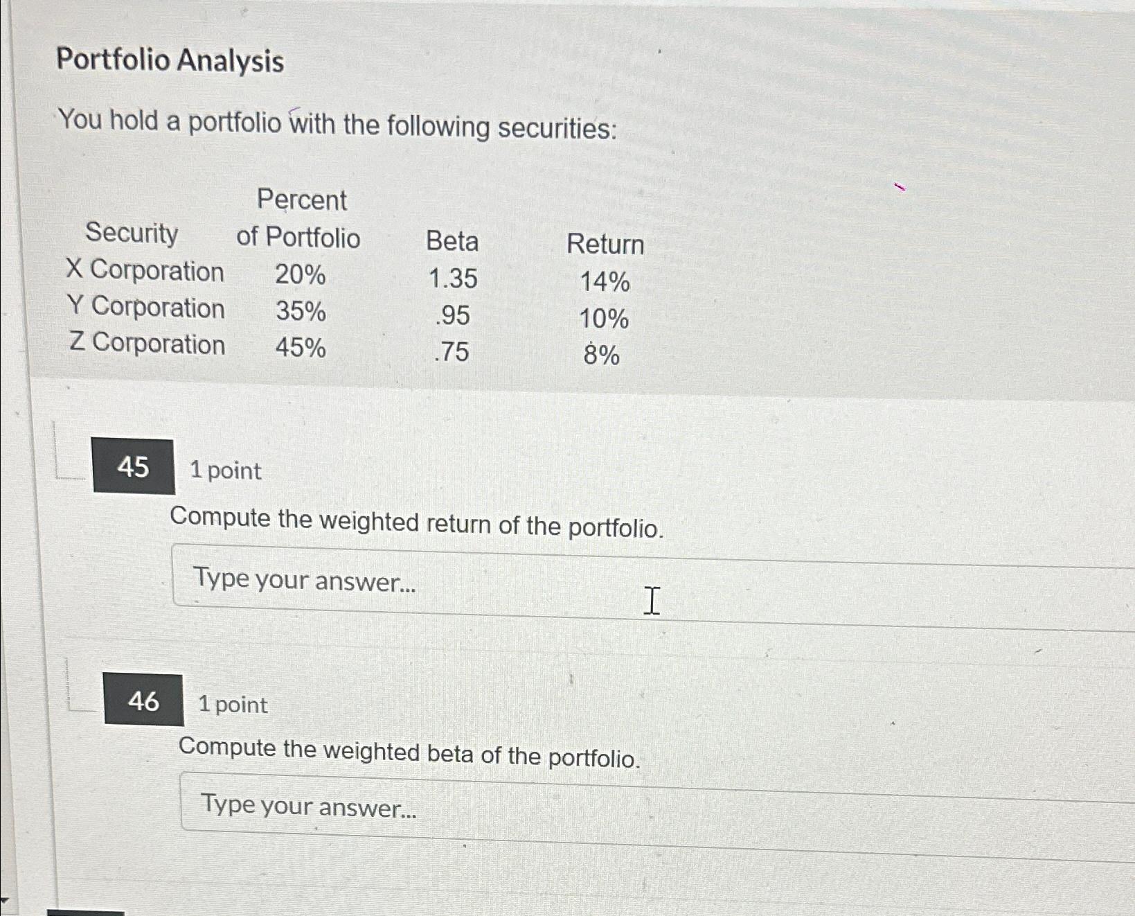 Solved Portfolio AnalysisYou hold a portfolio with the | Chegg.com