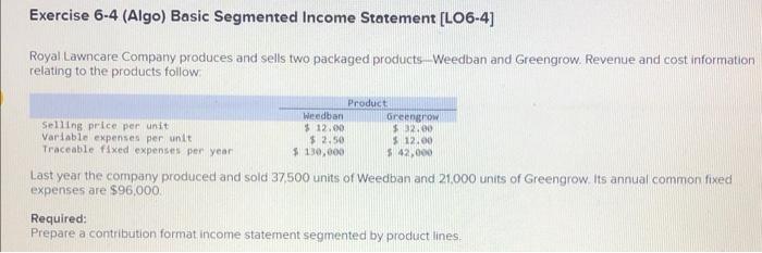 Solved Exercise 6-4 (Algo) Basic Segmented Income Statement | Chegg.com