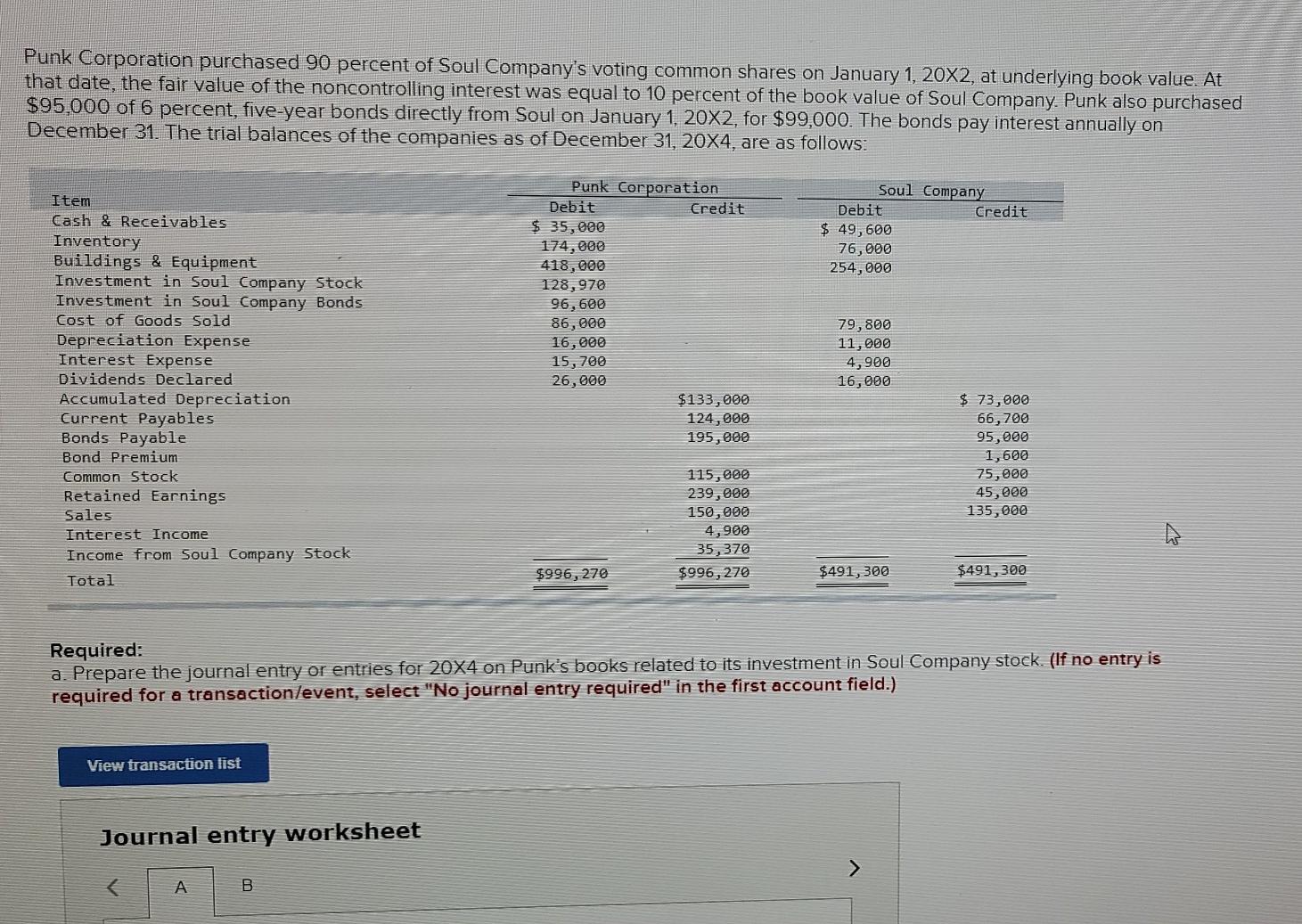Solved Punk Corporation purchased 90 percent of Soul | Chegg.com