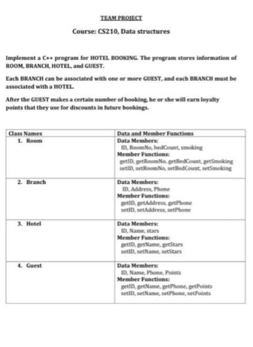 Solved TEAM PROJECT Course: CS210, Data structures Implement | Chegg.com