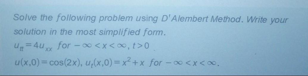 Solved Solve the following problem using D'Alembert Method. | Chegg.com