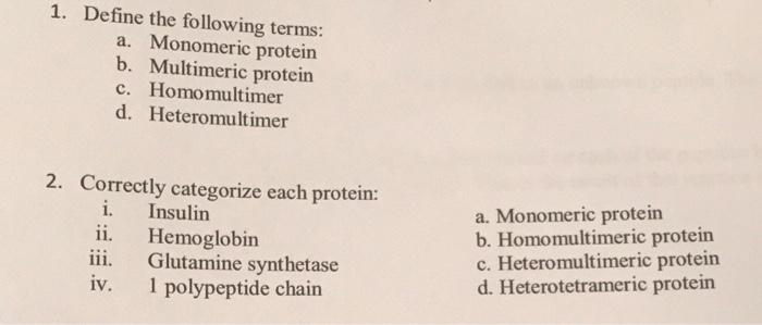 Solved 1 Define The Following Terms A Monomeric Protein