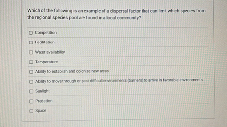 Solved Which of the following is an example of a dispersal | Chegg.com