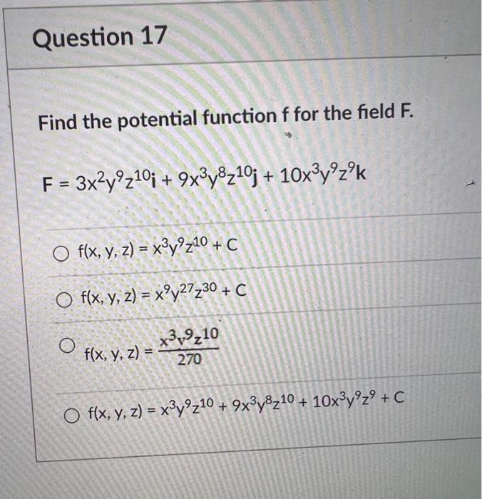 Solved Find the potential function f for the field F. | Chegg.com