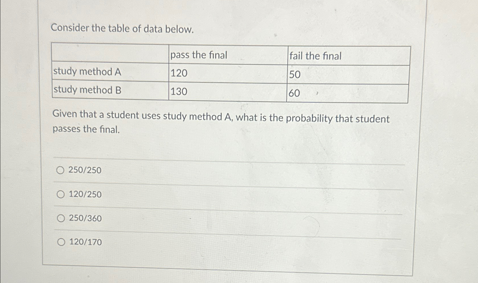 Solved Consider the table of data below.\table[[,pass the | Chegg.com