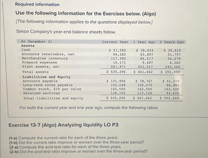 Solved Exercise 13-7 (Algo) Analyzing liquidity LO P3(1-a) | Chegg.com