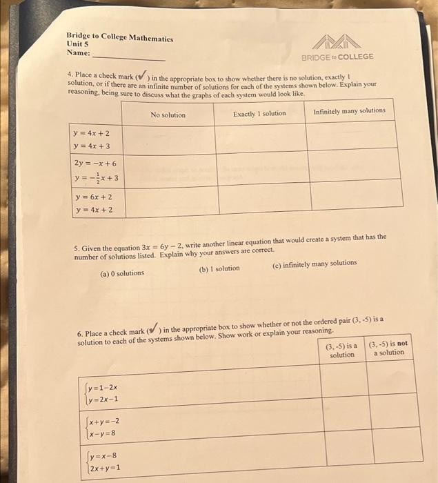 Solved Bridge to College Mathematics Unit 5 Name: BRIDGE to | Chegg.com