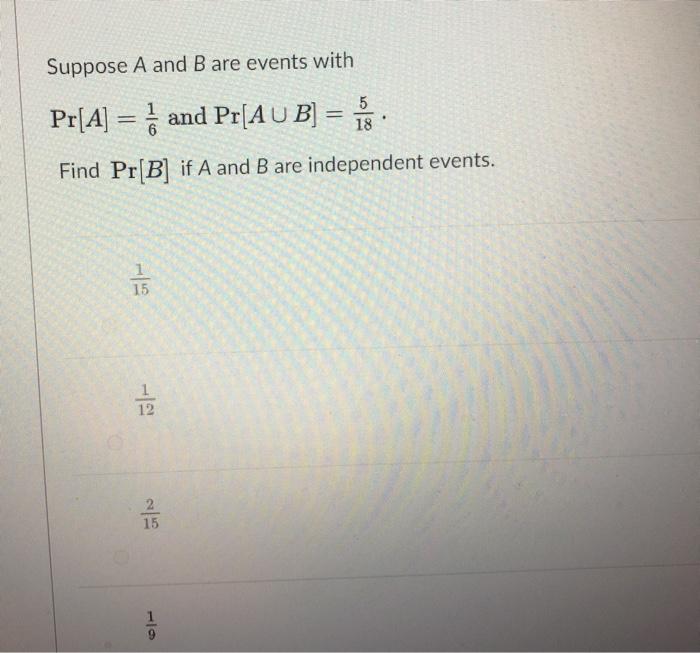 Solved Suppose A and B are events with Pr[A] = į and Pr[A U | Chegg.com