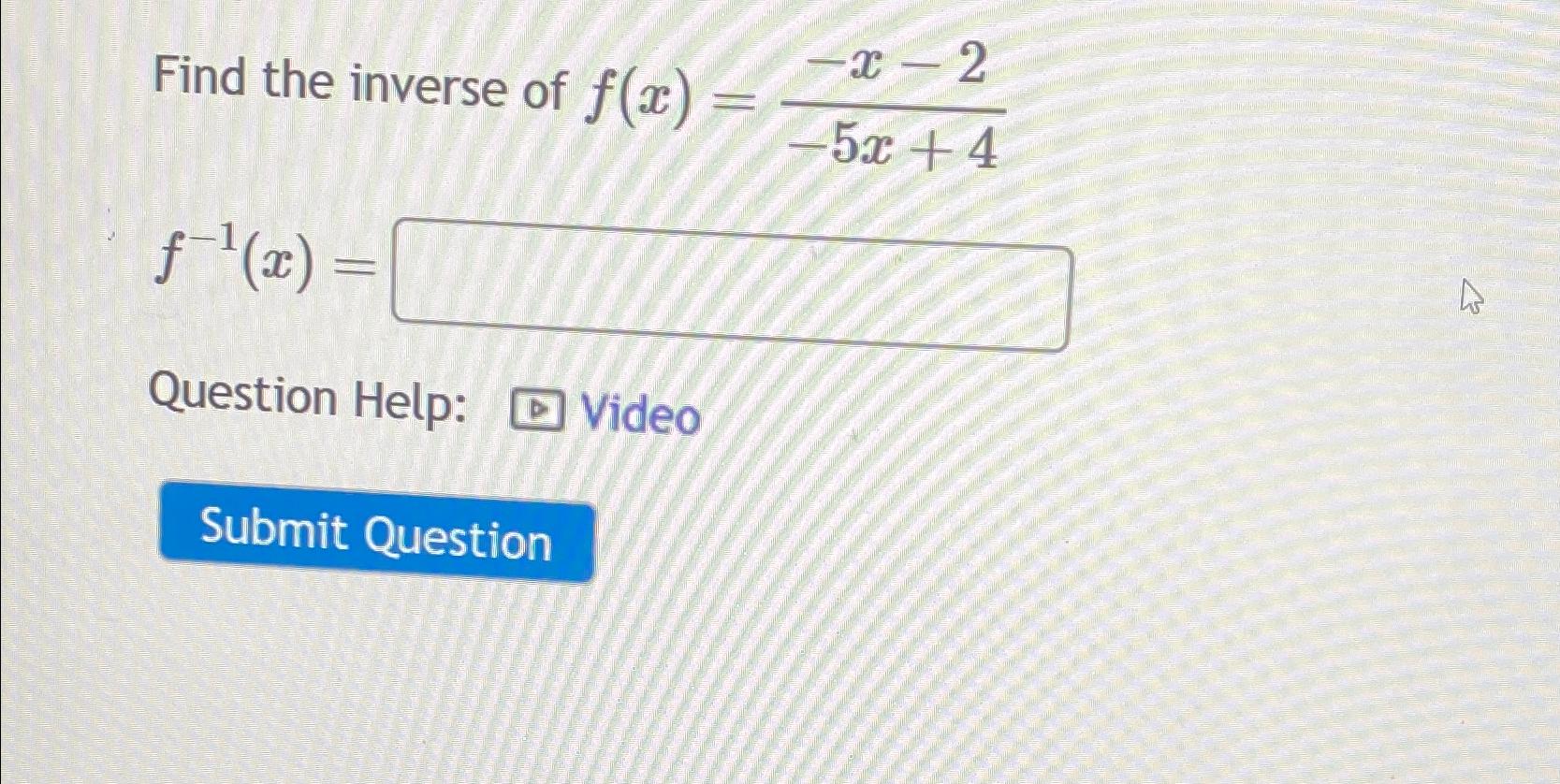 Solved Find the inverse of f(x)=-x-2-5x+4f-1(x)=Question | Chegg.com