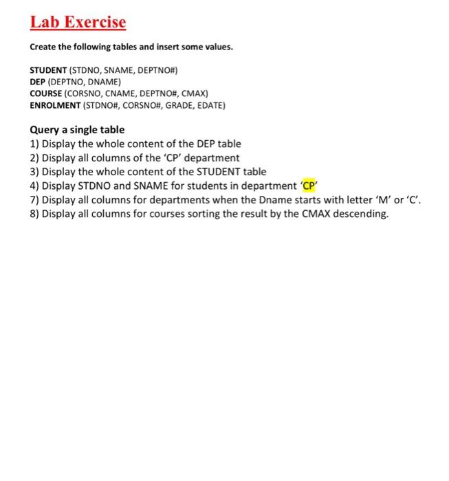 Solved Lab Exercise Create the following tables and insert | Chegg.com