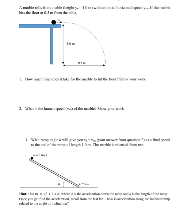 Solved A marble rolls from a table (height y = 1.0 m) with | Chegg.com