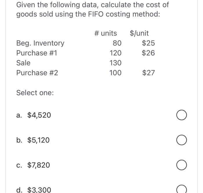 Solved Given the following data, calculate the cost of goods | Chegg.com