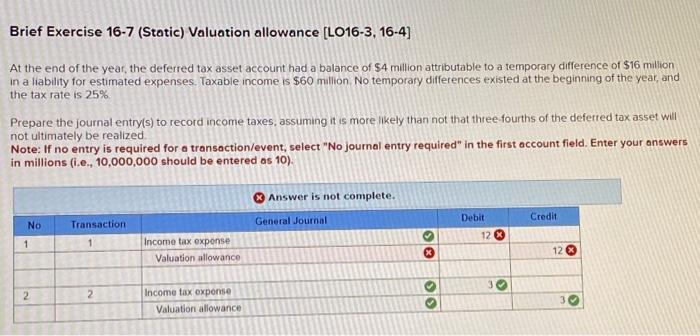 Solved Brief Exercise 16-7 (Static) Valuation allowance | Chegg.com