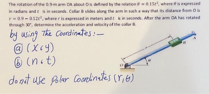 Solved The rotation of the 0.9-m arm OA about O is defined | Chegg.com
