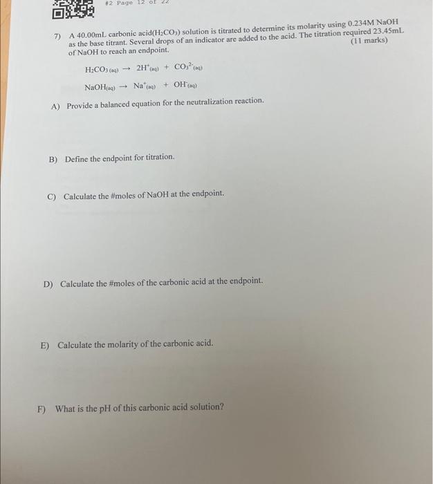7) A 40.00 mL carbonic acid (H2CO3) solution is | Chegg.com