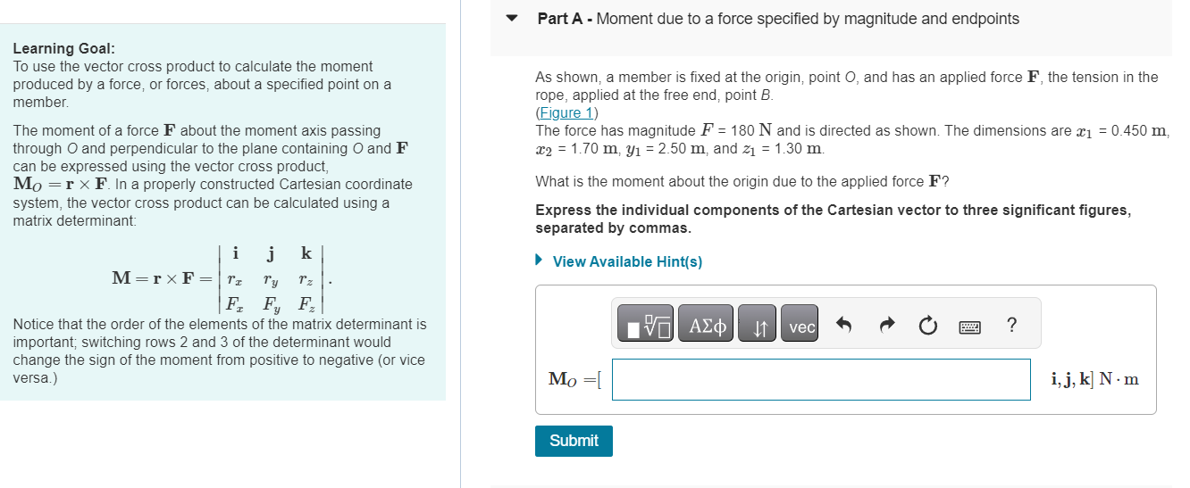 Solved Part A - ﻿Moment due to ﻿a force specified by | Chegg.com