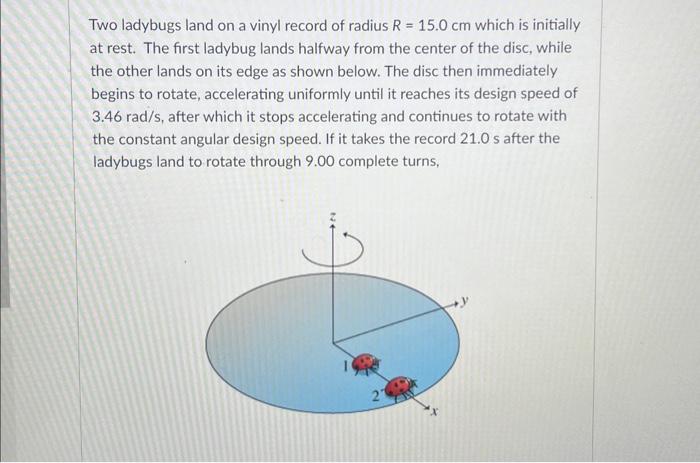 Solved Two ladybugs land on a vinyl record of radius R=15.0 | Chegg.com
