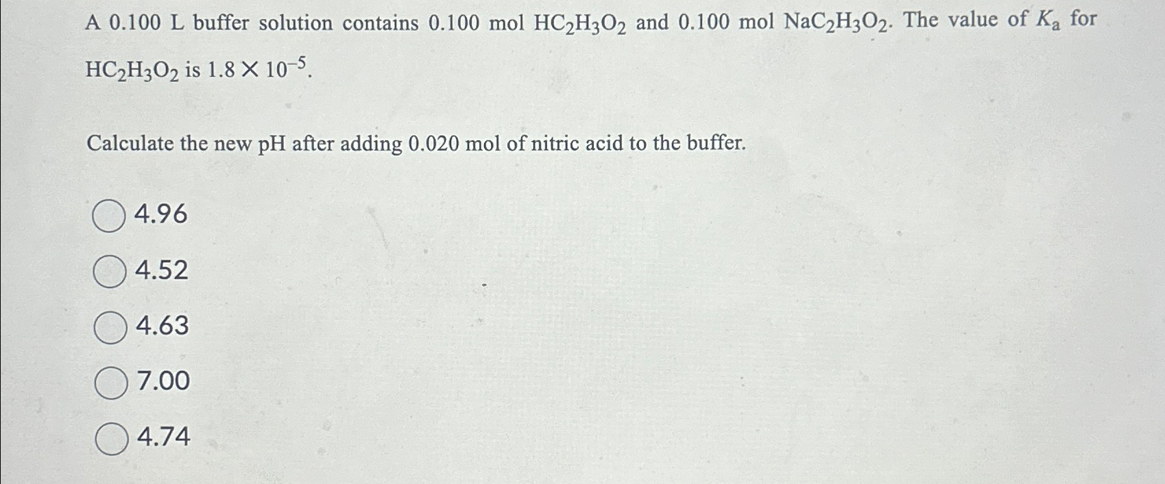 Solved A 0.100L ﻿buffer solution contains 0.100molHC2H3O2 | Chegg.com