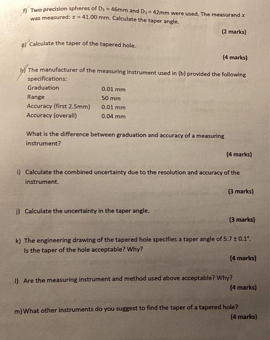 Solved f) Two precision spheres of D1=46 mm and D2=42 mm | Chegg.com