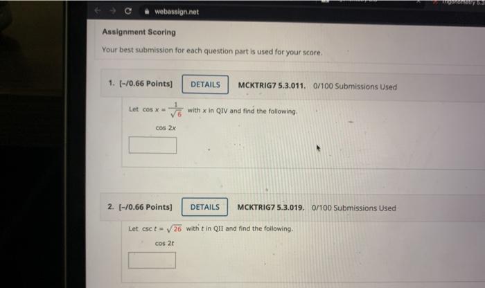 Solved webassign.net Assignment Scoring Your best submission | Chegg.com
