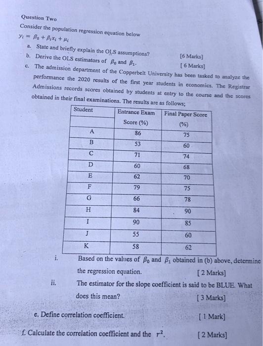 Solved Question Two Consider the population regression | Chegg.com