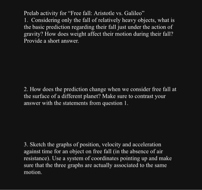 Solved Prelab activity for "Free fall: Aristotle vs. | Chegg.com
