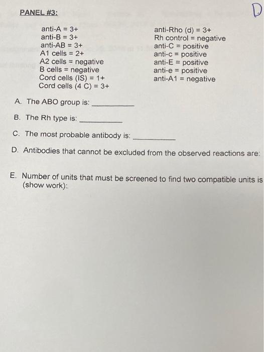 Solved PANEL #3: D anti-A = 3+ anti-B = 3+ anti-AB = 3+ A1 | Chegg.com