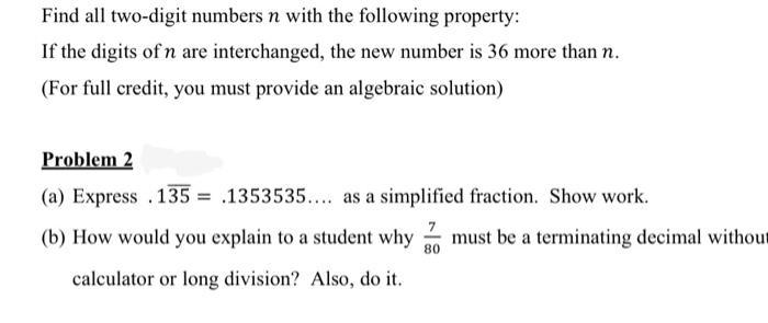Solved Find all two-digit numbers n with the following | Chegg.com