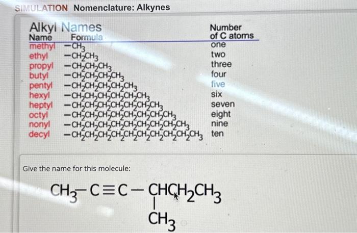 Solved SIMULATION Nomenclature: Alkynes Give the name for | Chegg.com Solved SIMULATION Nomenclature: Alkynes Give the name for | Chegg.com