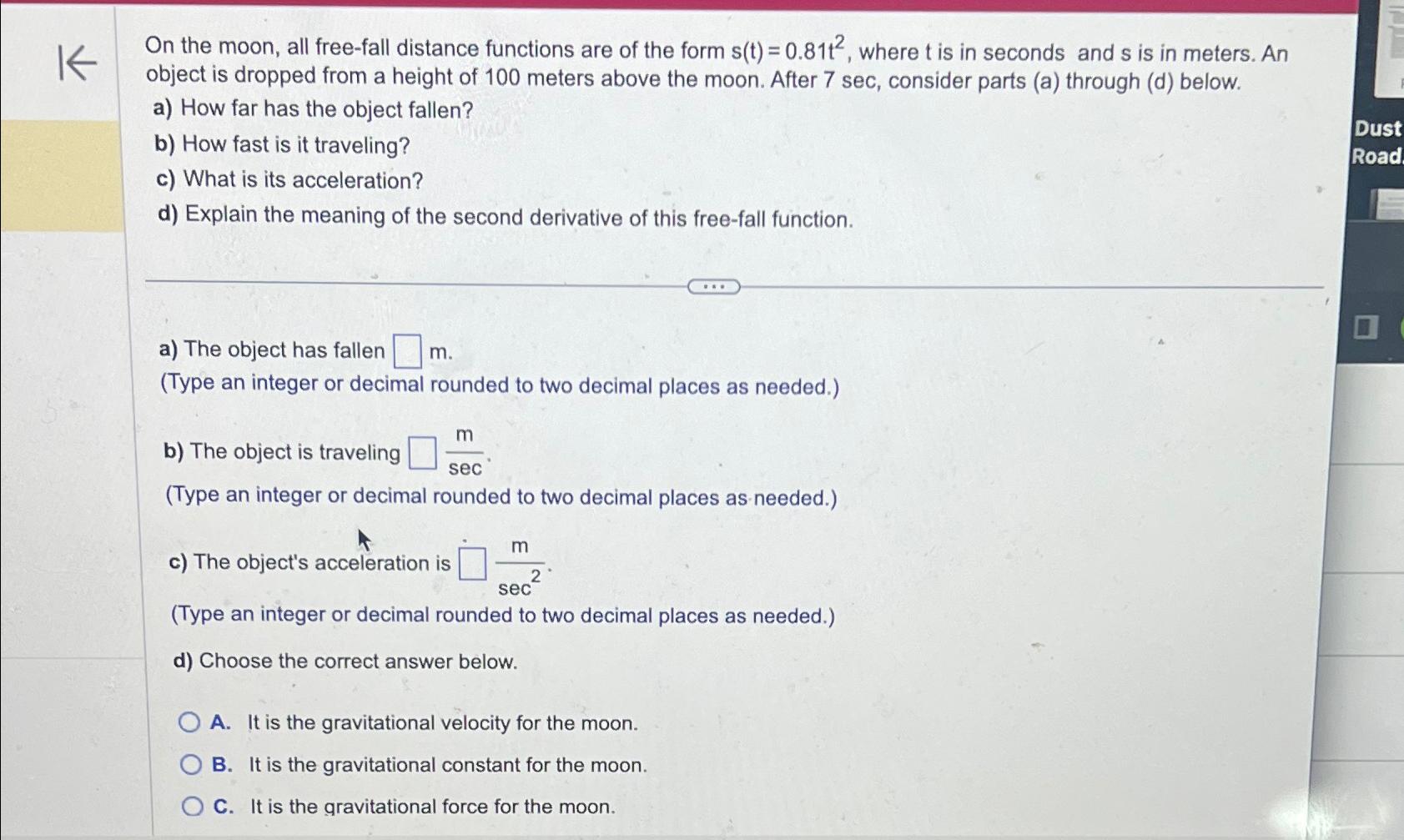 Solved On the moon, all free-fall distance functions are of | Chegg.com