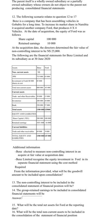 The parent itself is a wholly owned subsidiary or a | Chegg.com