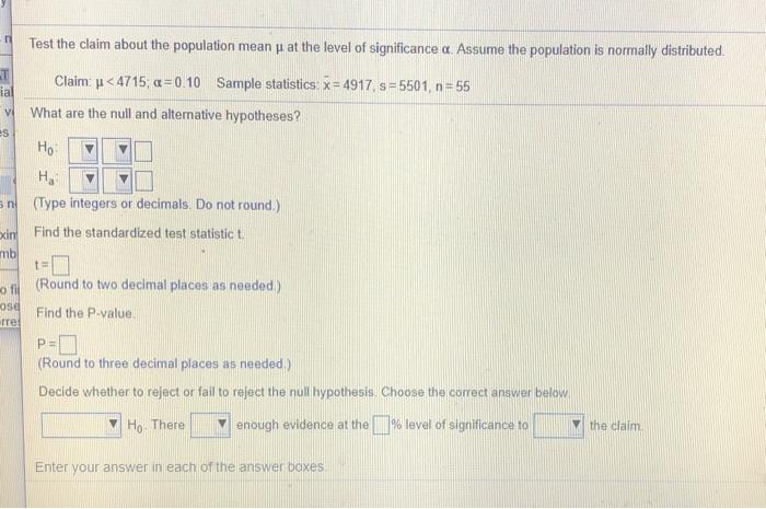 Solved Test the claim about the population mean p at the | Chegg.com