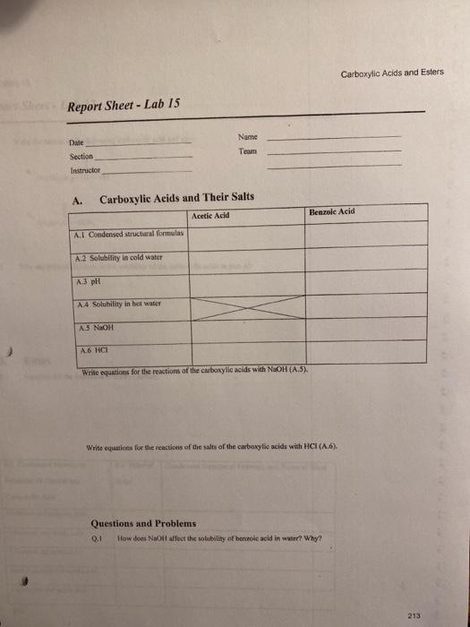 Solved Carboxylic Acids and Esters Report Sheet - Lab 15 | Chegg.com
