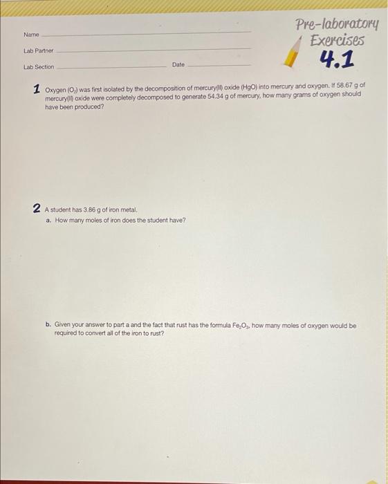 Solved Name Lab Partner Lab Section Pre-laboratory Exercises | Chegg.com