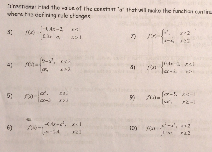 Solved Directions: Find the value of the constant "a" that | Chegg.com