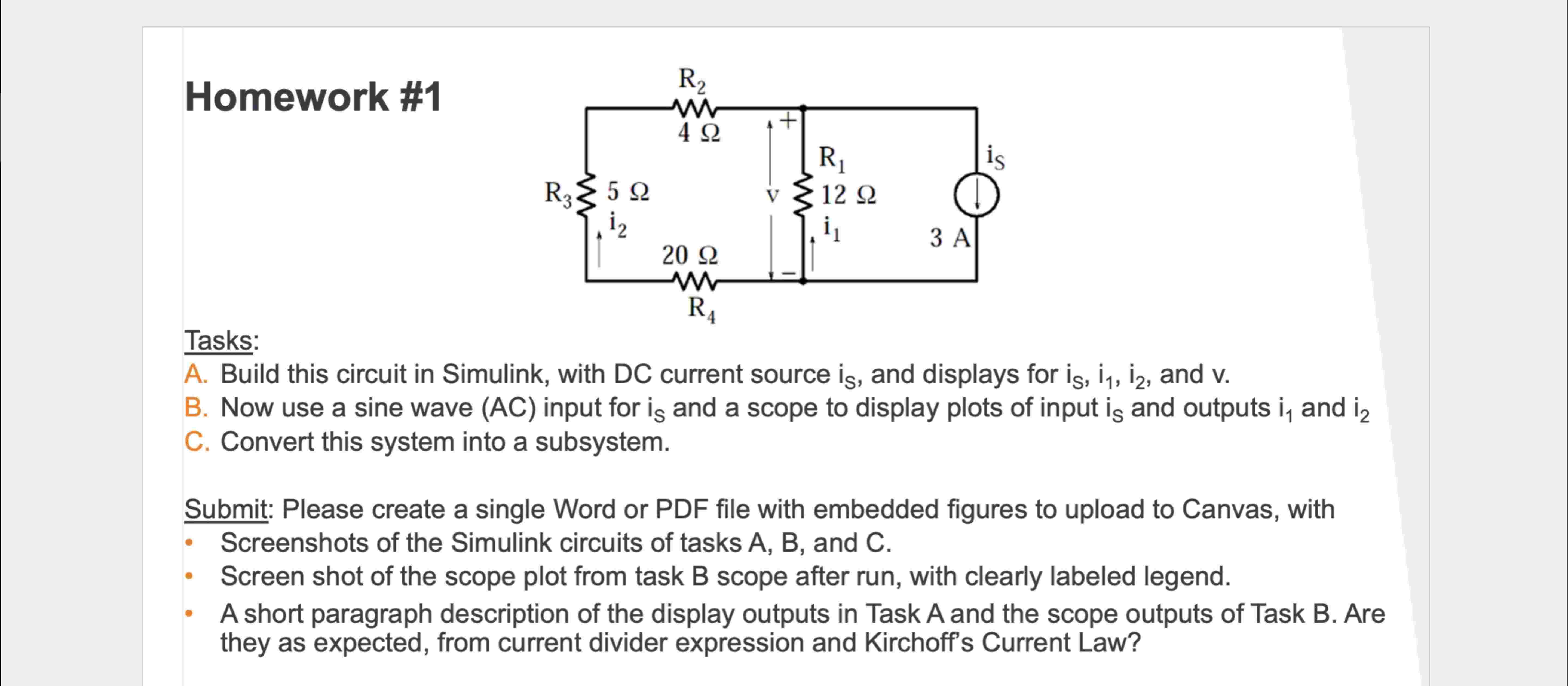 Solved Homework \#1Tasks:A. ﻿Build this circuit in Simulink, | Chegg.com