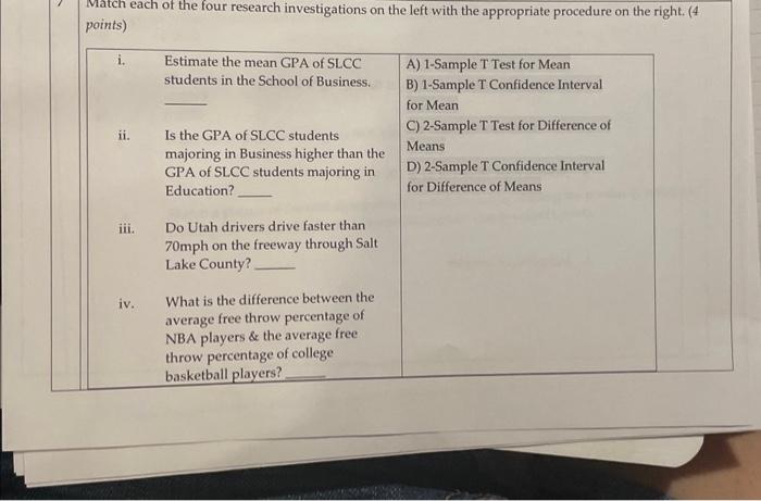 Solved Match each of the four research investigations on the | Chegg.com