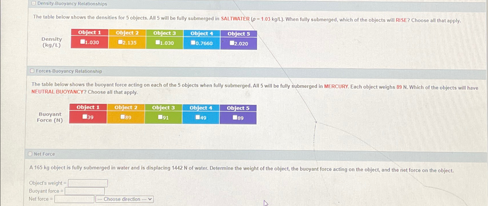 Solved Density-Buoyancy Relationships\table[[,Object | Chegg.com